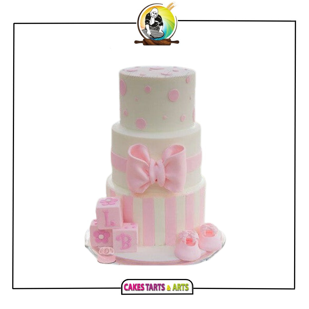 Customized Centered Pink Bow Tiered Cake